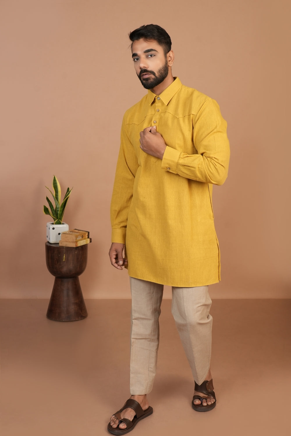 Kala Cotton Mustard Short Pathani Kurta – Inkriti
